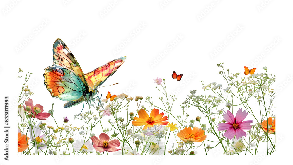 Butterfly in a colorful field of flower isolated on a transparent ...