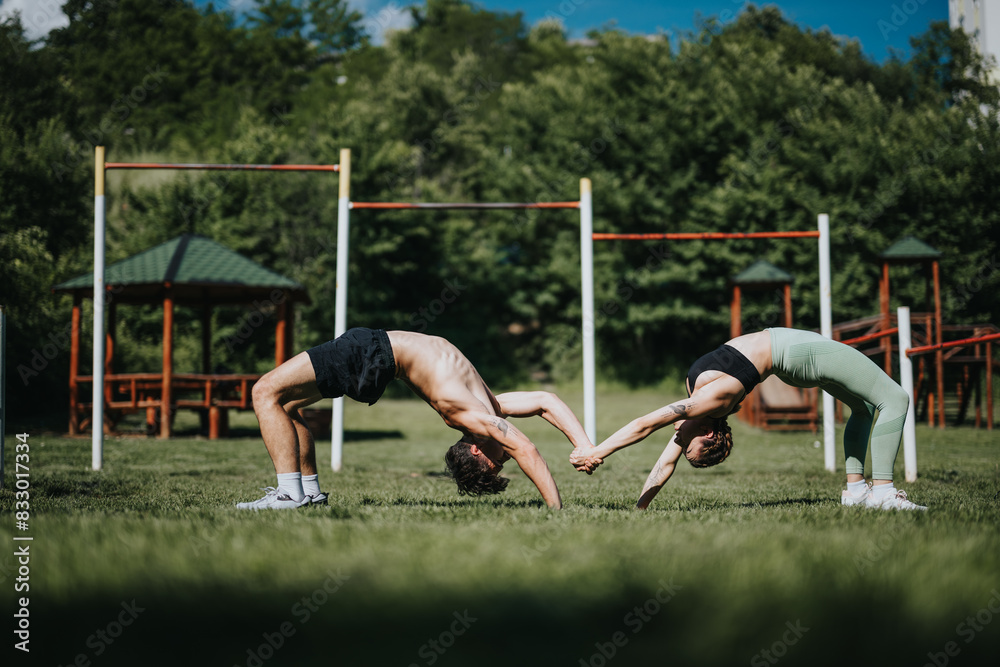 Two people performing back bends while holding hands in an urban park ...