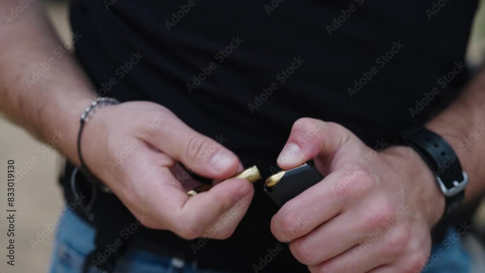 Person load 9mm combat bullets into handgun magazine, Olesko shooting ...