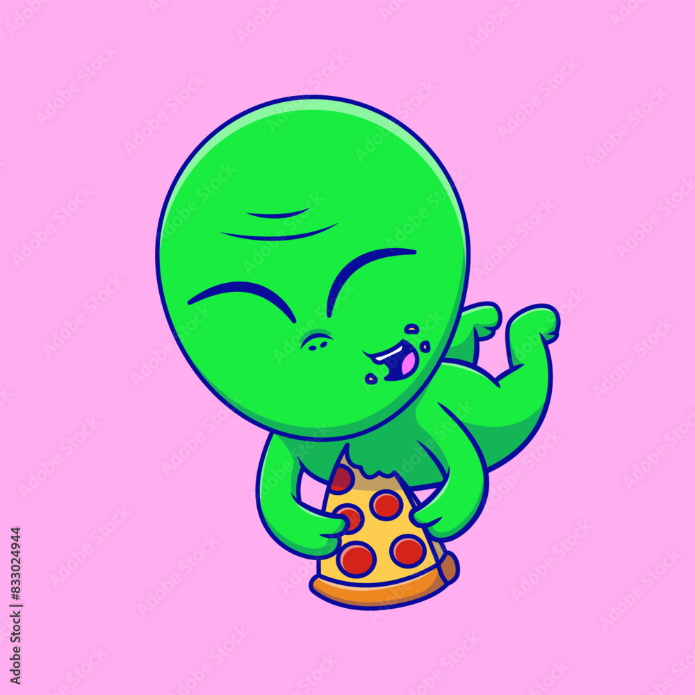 Cute Alien Eating Pizza While Floating Cartoon Vector Icons ...