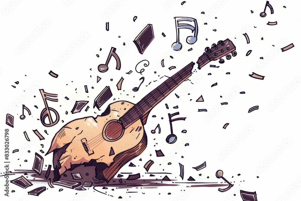 Cartoon cute doodles of a smashed guitar with musical notes flying out ...