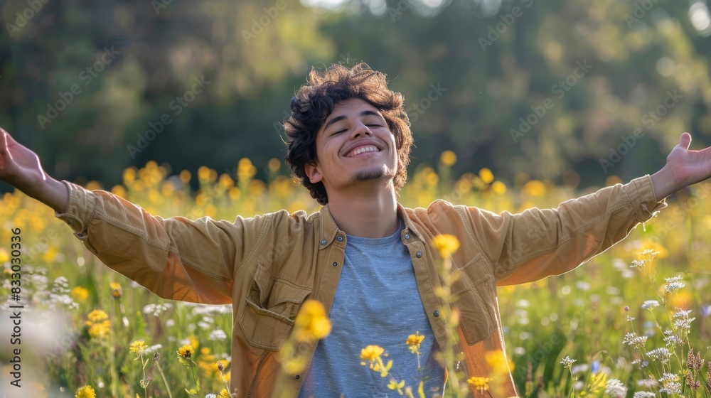 Portrait of a free and happy Latino man enjoying life with open arms on ...
