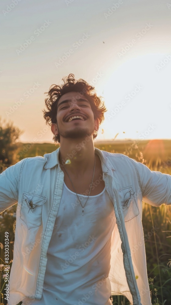 Portrait of a free and happy Latino man enjoying life with open arms on ...