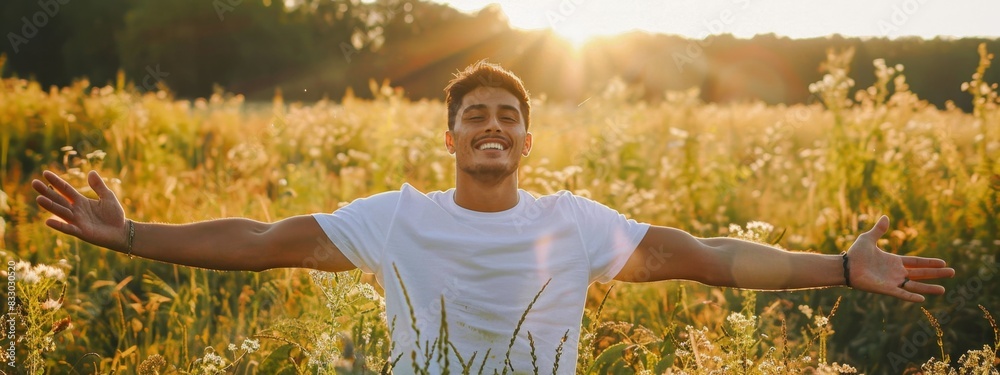 Portrait of a free and happy Latino man enjoying life with open arms on ...