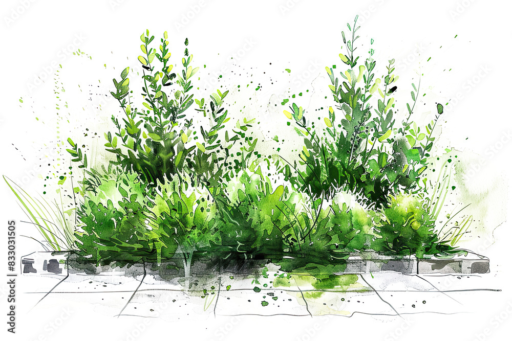Green bush sketch architectural drawing in style of watercolor elements ...
