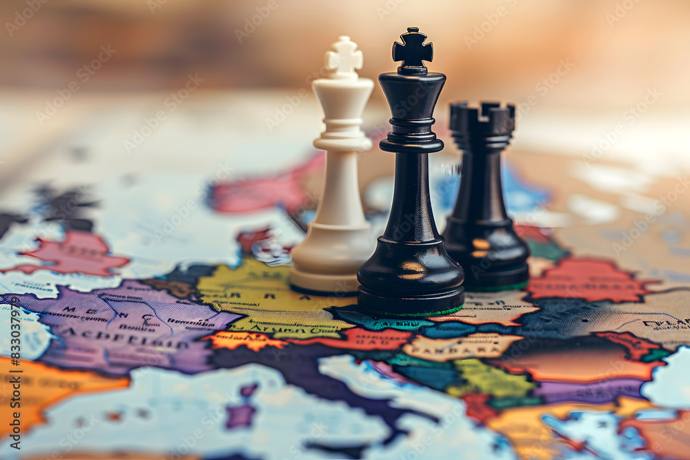 Strategic chess pieces on a colorful world map. Geopolitical strategy ...