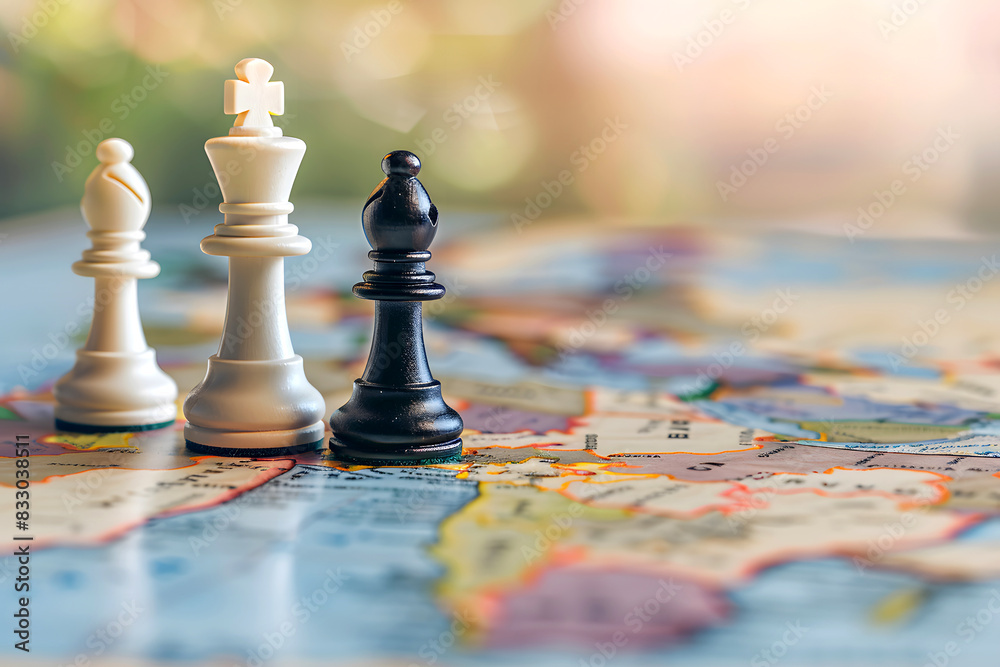 Strategic chess pieces on a colorful world map. Geopolitical strategy ... Strategic chess pieces on a colorful world map. Geopolitical strategy ...