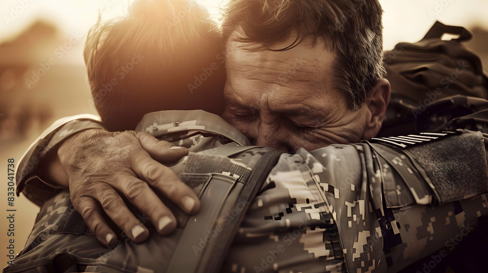 An emotional reunion scene at an airport gate, a father embracing his ...