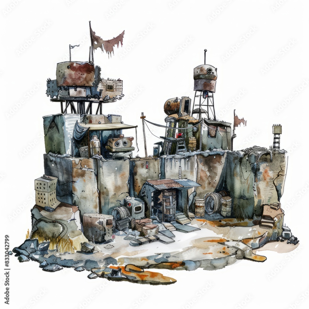 Watercolor painting of a stronghold in a post-apocalyptic wasteland ...