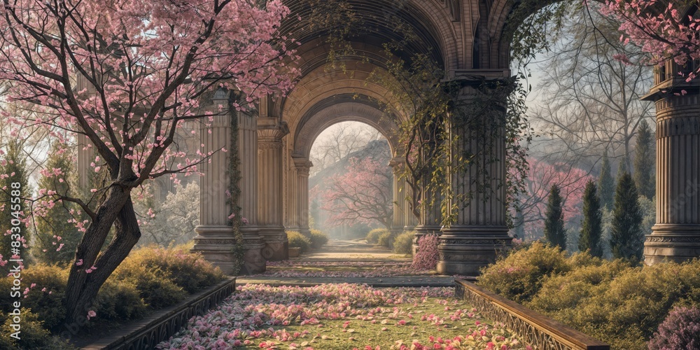 Alley of the ancient flowering garden of Babylon with powerful columns ...