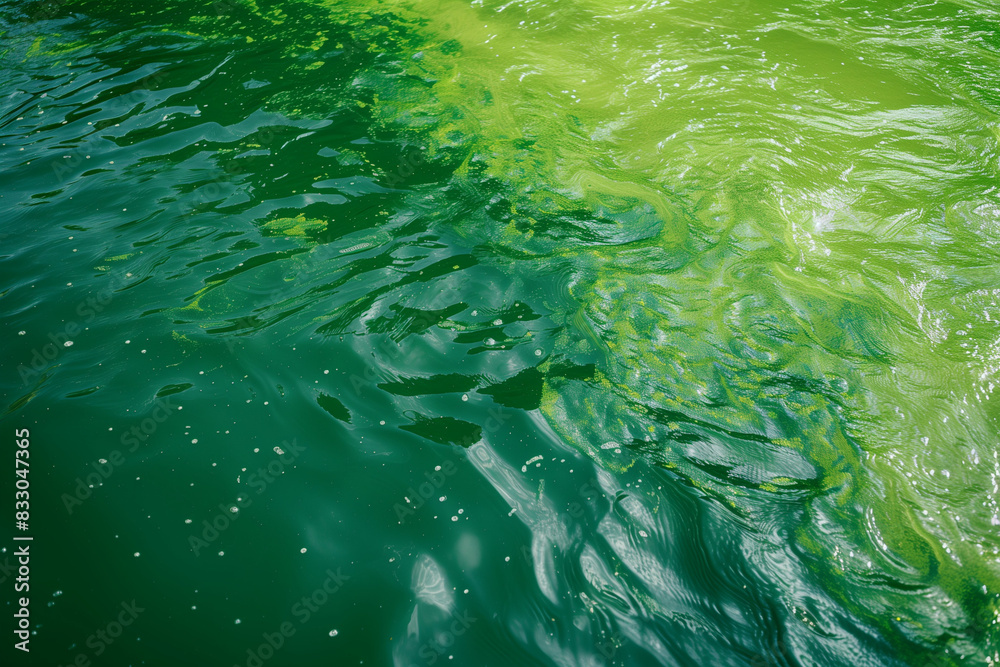 green river water caused by microalgae growth. microorganisms in a pond ...