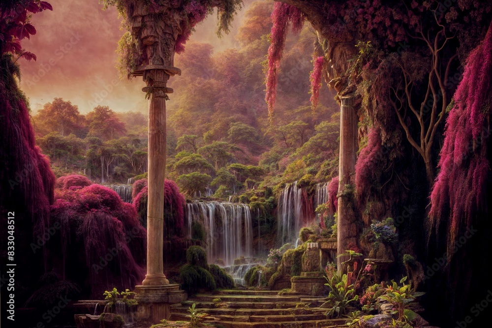 Early morning in the flowering garden of Babylon with columns and ...