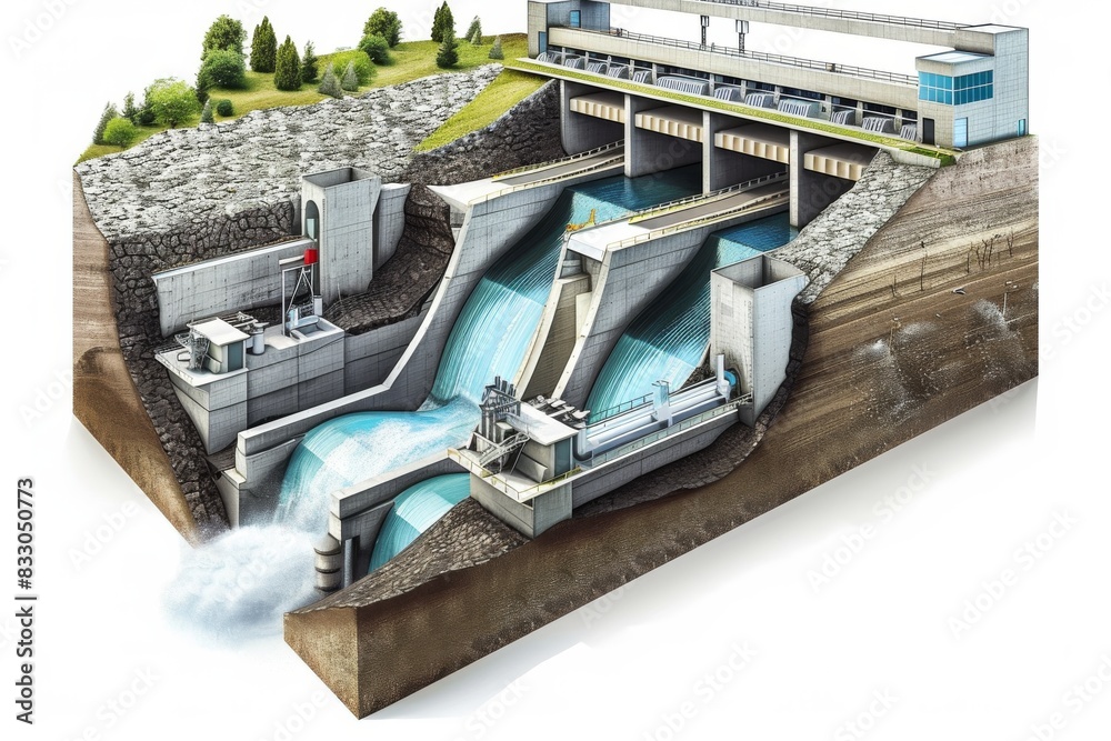 A cross-section diagram of a hydroelectric dam, illustrating the flow ...
