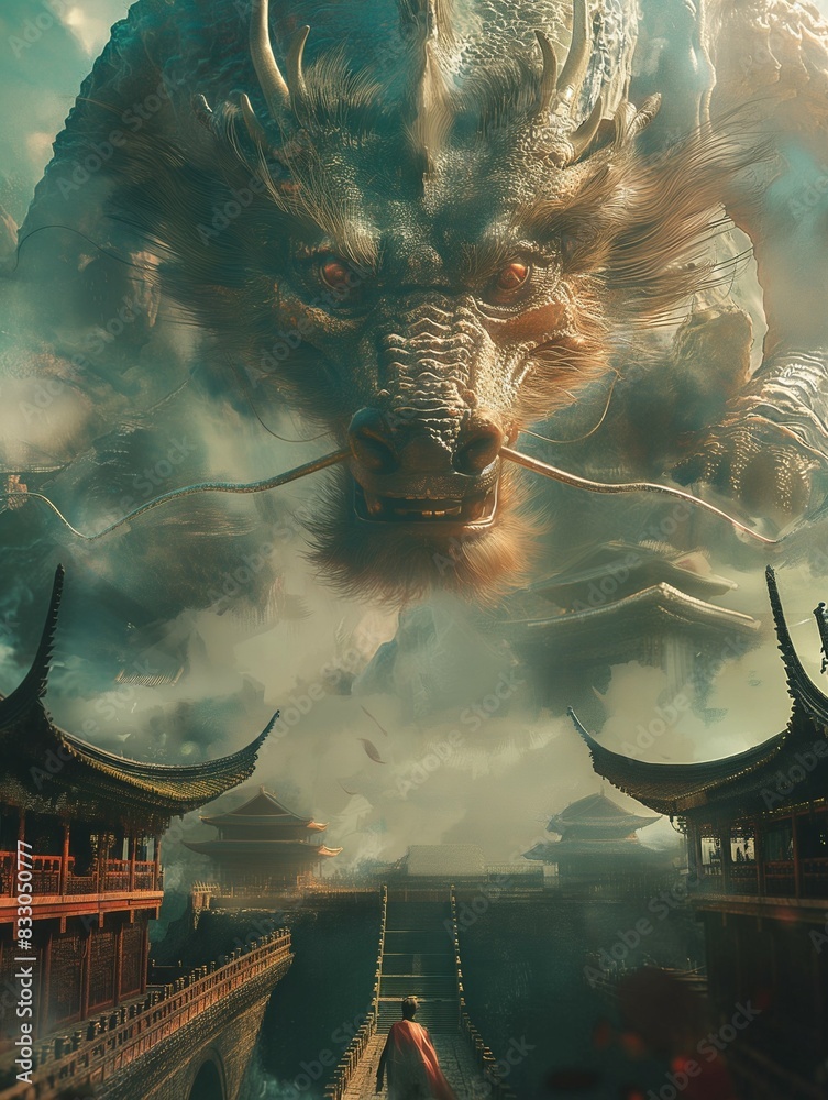 An epic scene featuring a giant dragon climbing over a roof, capturing ...
