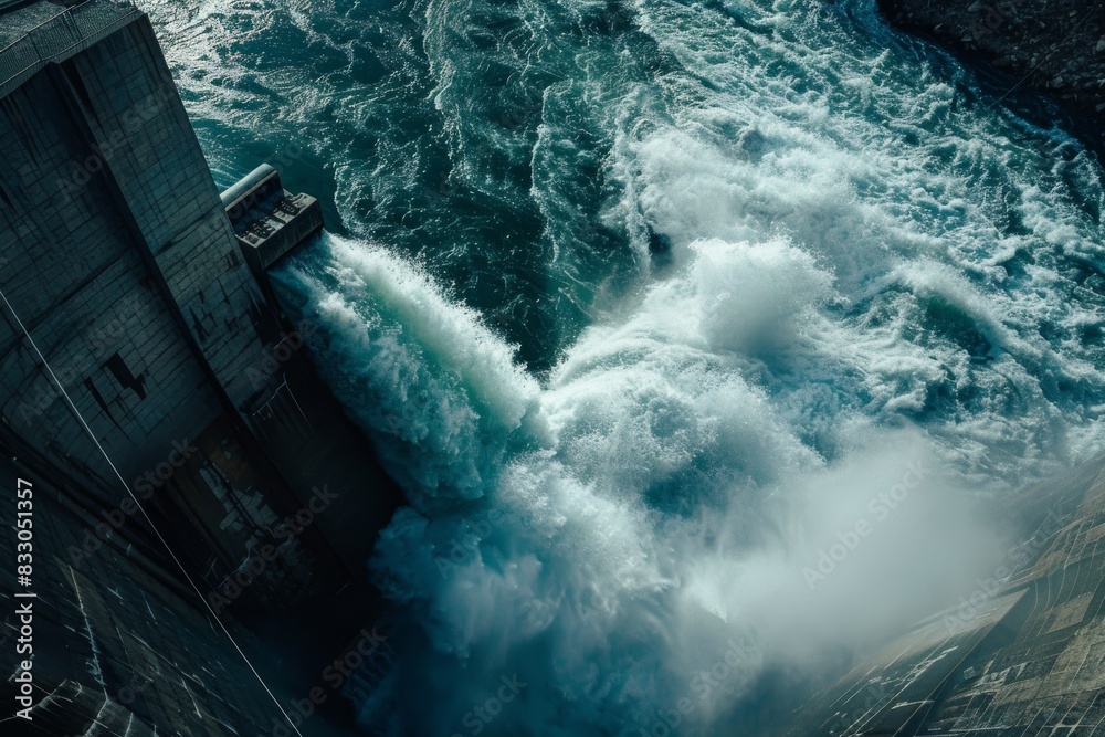A dramatic shot of water gushing from a hydroelectric dam's spillway ...