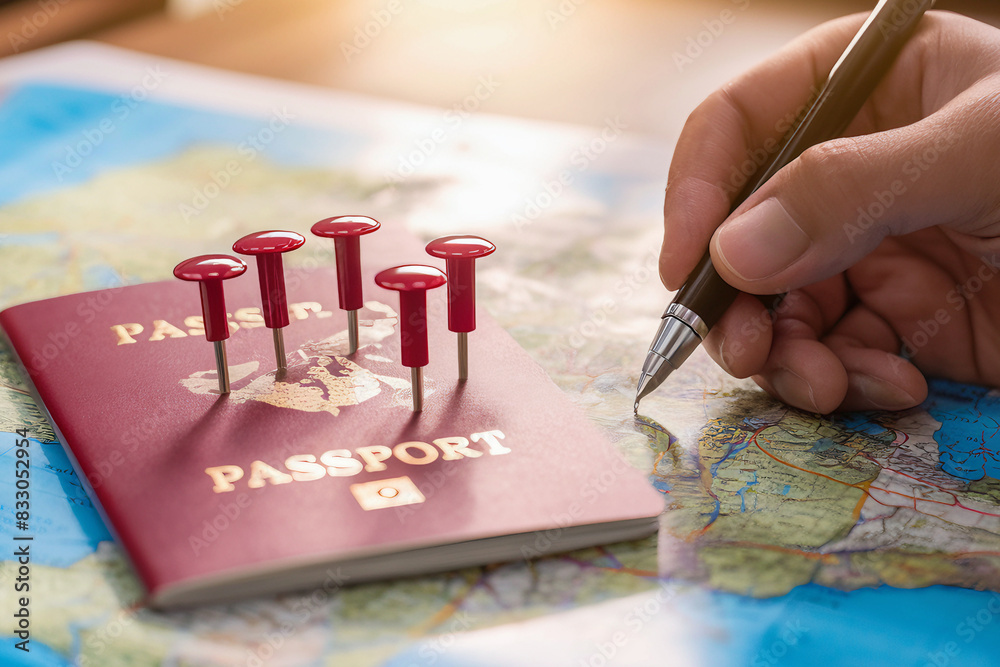 Pins Marking Travel Itinerary Points on Map with Two Passport Stock ...