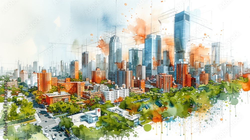 Urban planning sketch highlighting sustainable elements like green ...