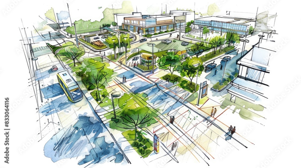 Urban planning sketch highlighting sustainable elements like green ...