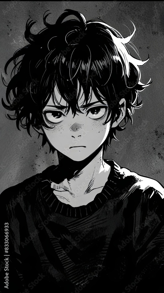 Sad depressed boy Manga style anime illustration, black and white art ...