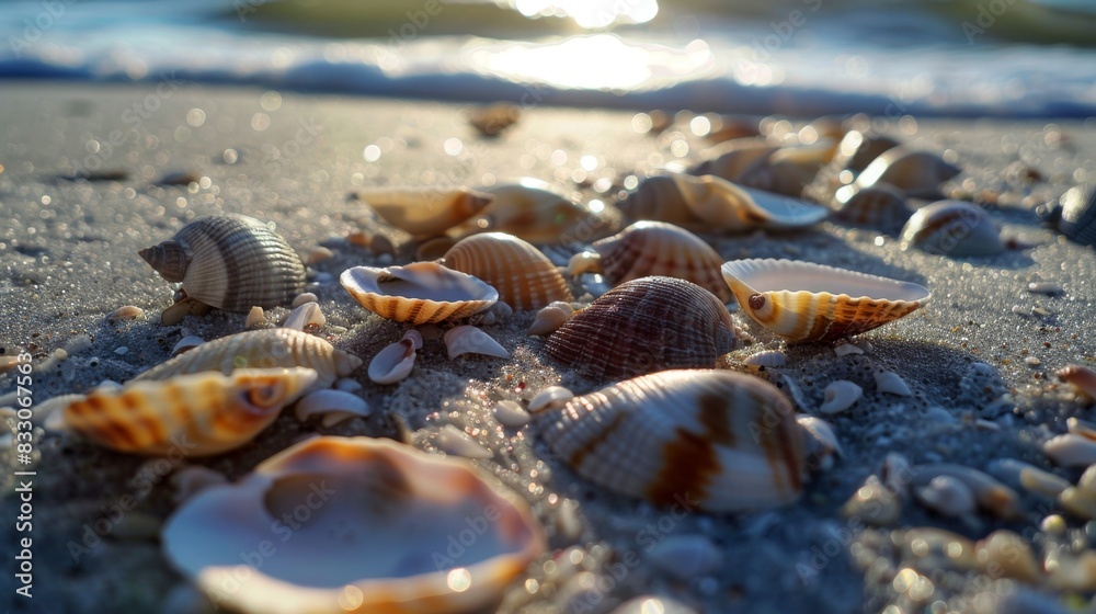 Unzip, there are shells of different sizes and shapes scattered on the ...