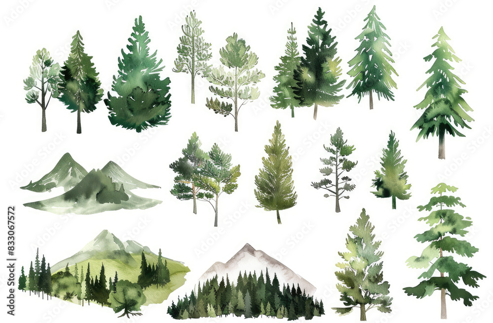 Watercolor Forest and Mountain clipart, isolated on a white background ...