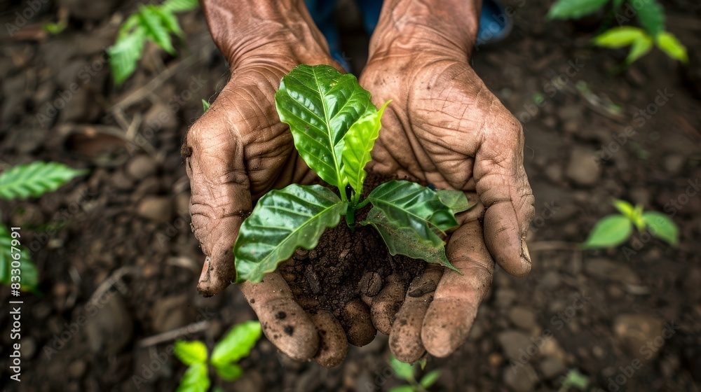 Calloused hands gently cradle a tiny coffee sapling, ready to be ...