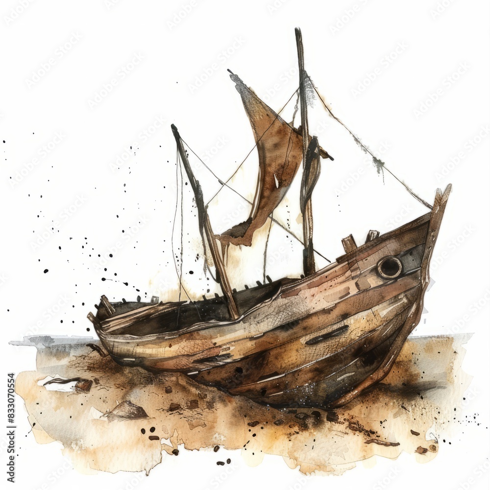 Watercolor painting of a dusty, weathered shipwreck stranded on a ...