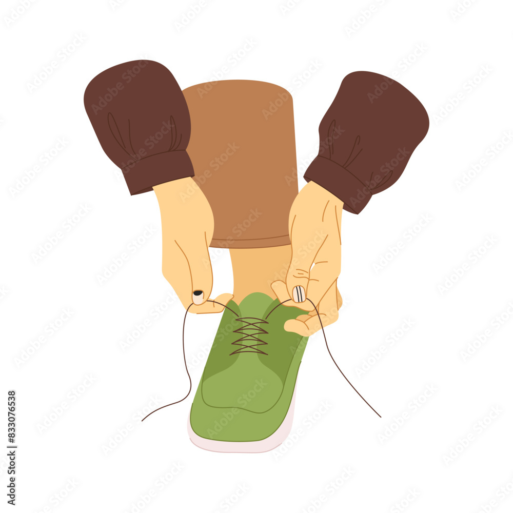 Man tying his shoelaces with monochrome geometric nails design isolated ...