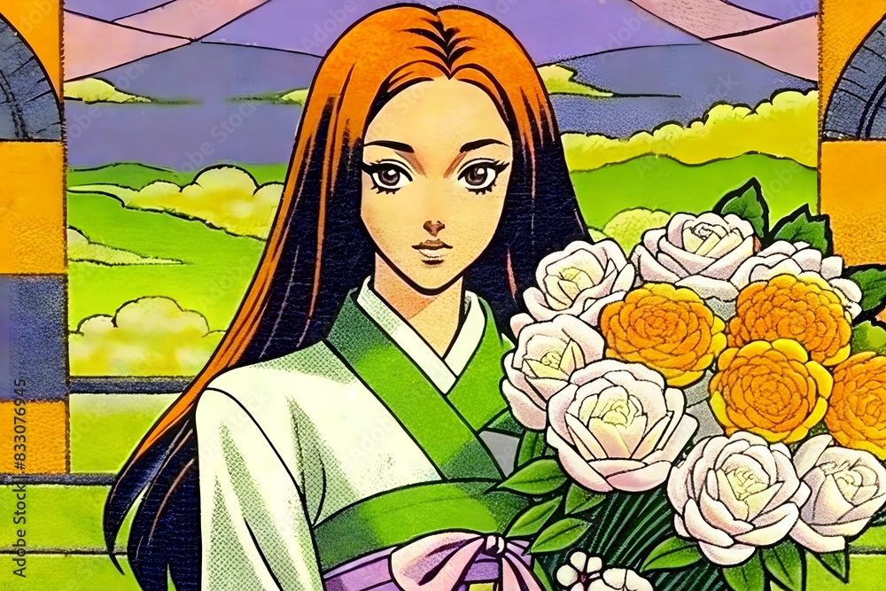 young girl and bouquet of flowers,cartoon girl,japan girl,groovy ...