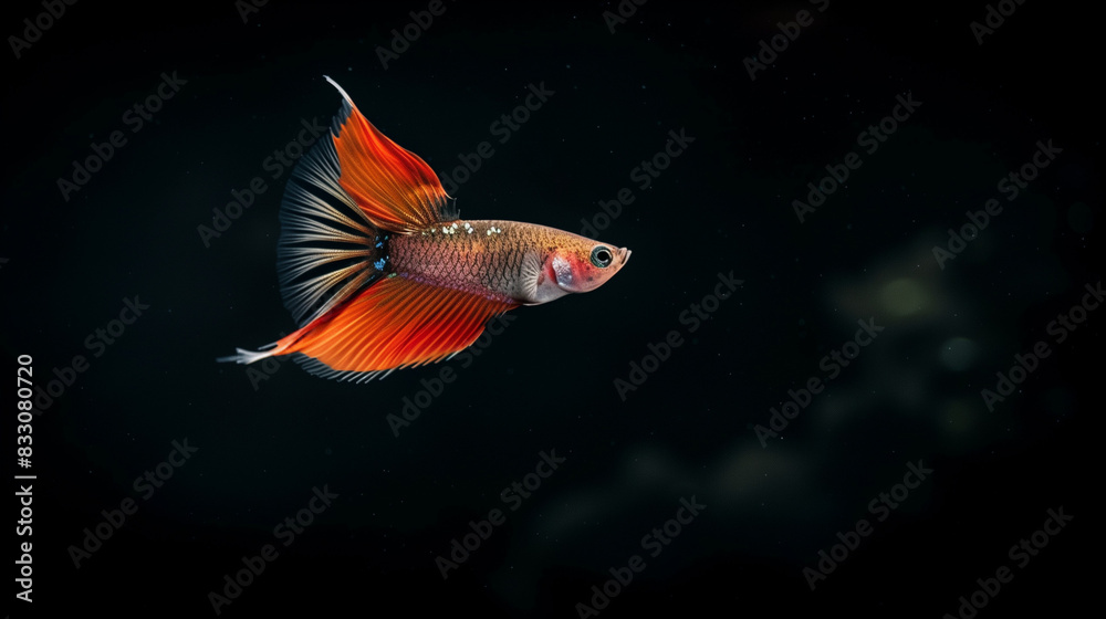 Orange guppy fish swimming alone in an aquarium on a dark black ...