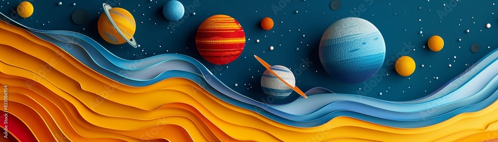 A playful 3D papercut solar system with colorful planets and swirling ...