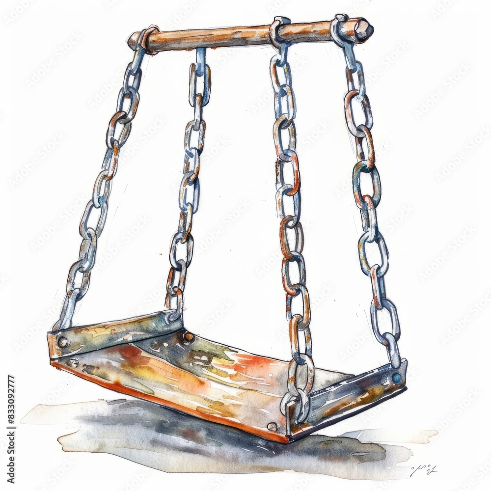 Watercolor painting of a rusty, forgotten playground swing swaying in ...