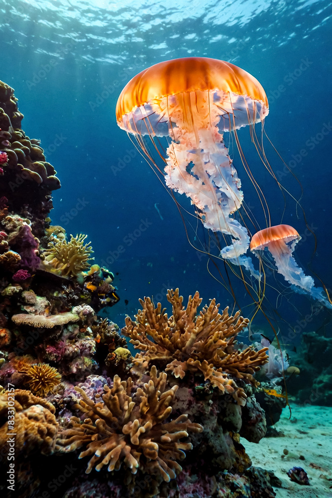 Jellyfish (Cubozoa) swimming in tropical underwaters bottom view ...