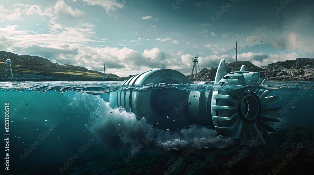 A detailed illustration of a tidal energy generator submerged ...