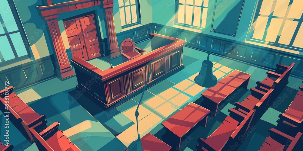 The interior of a courtroom with a judge's bench, jury box, and empty ...
