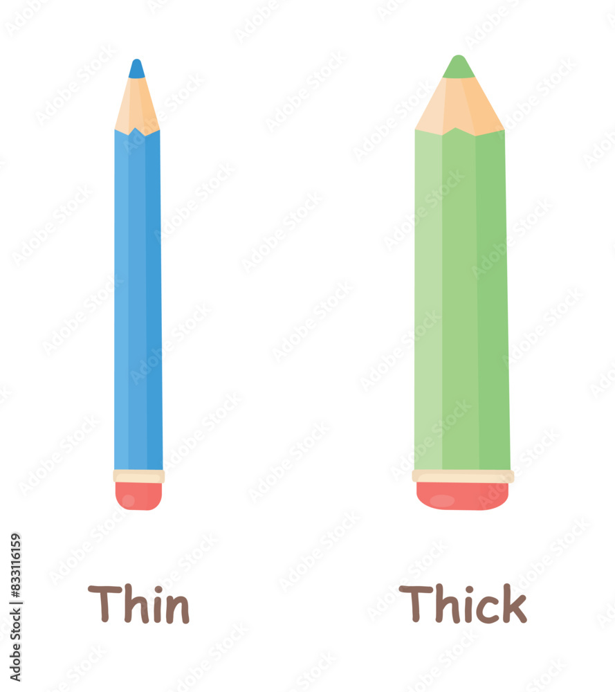 Opposite adjective antonym words thin and thick illustration of pencils ...