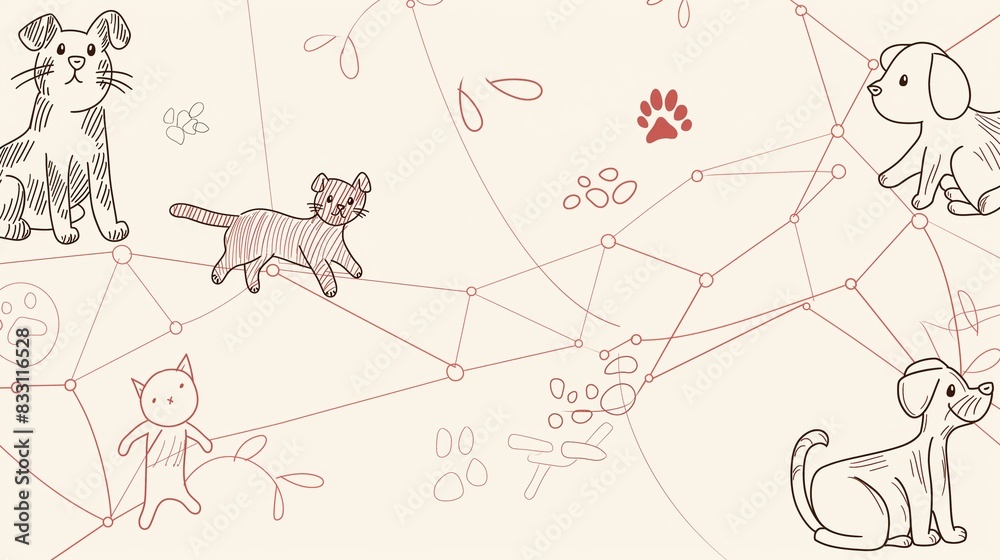 A quirky line art background featuring whimsical cat and dog doodles ...