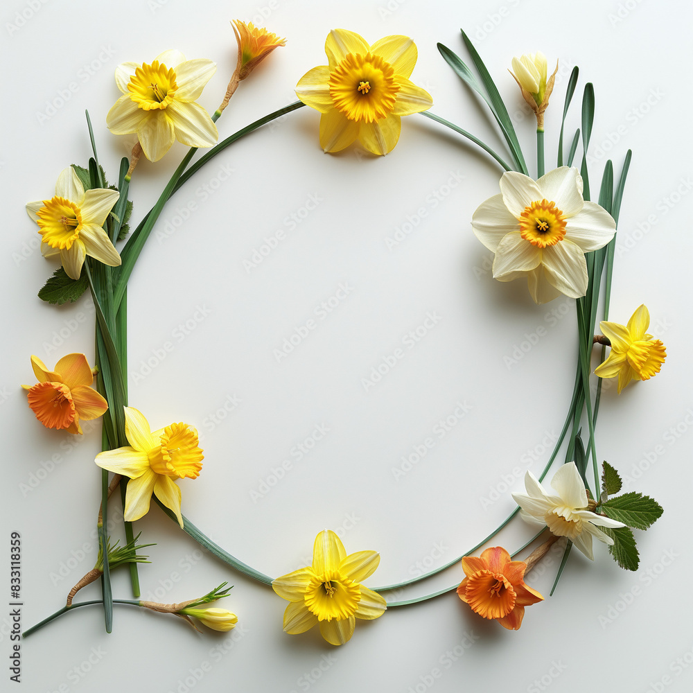 Daffodil flowers crown frame on white background, space in the middle ...