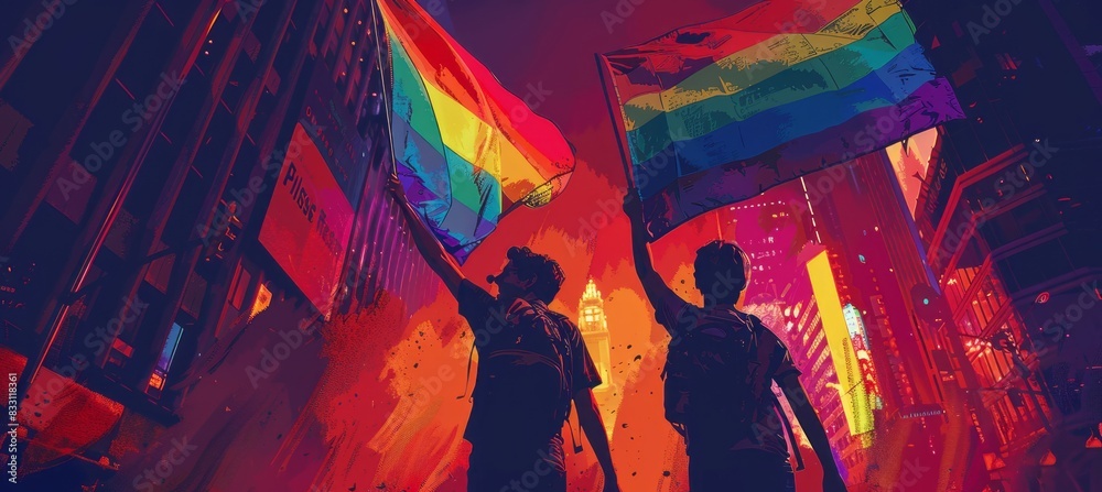 Silhouette of two man at LGBT parade. LGBT pride gender equality ...