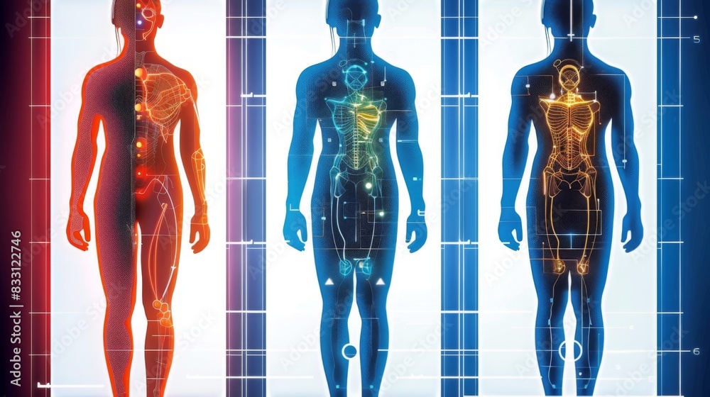 Three human figures with blue and red bodies. The blue body is the ...