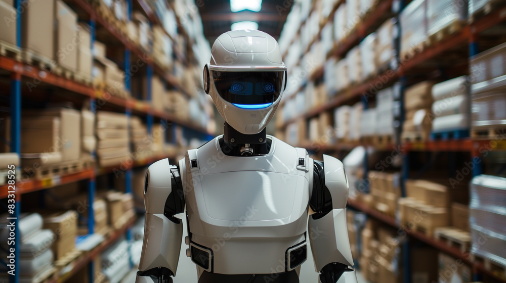 modern AI humanoid robot in a warehouse, futuristic workforce Stock ...