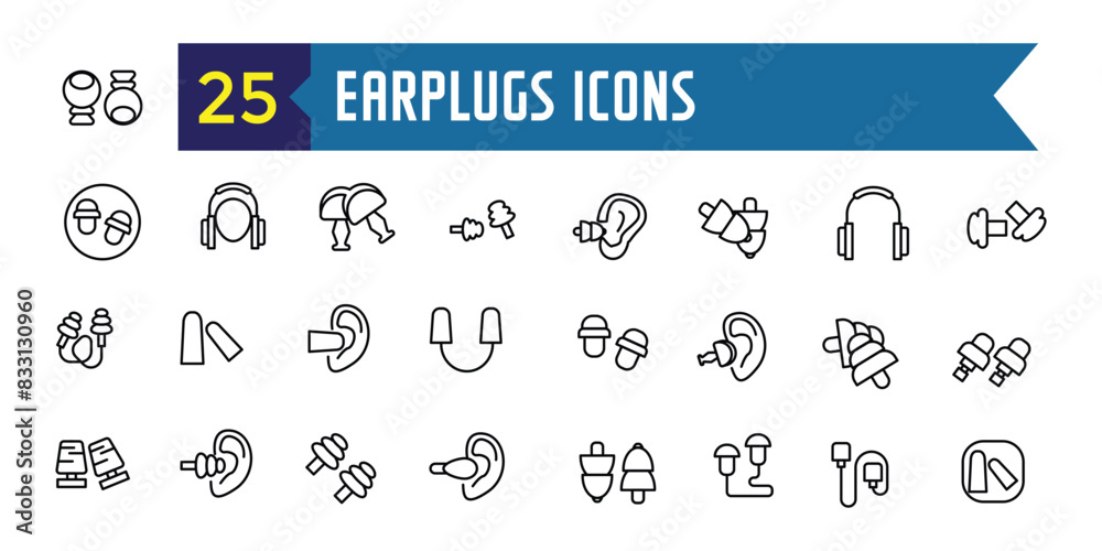 Earplugs icons set outline vector. Anti care device. Ear plug ...
