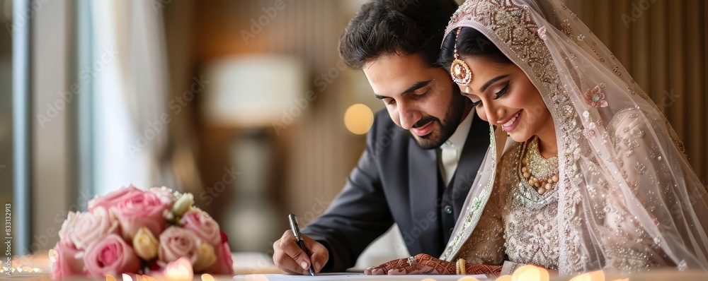 Islamic wedding with the couple signing their nikah contract ilustração ...