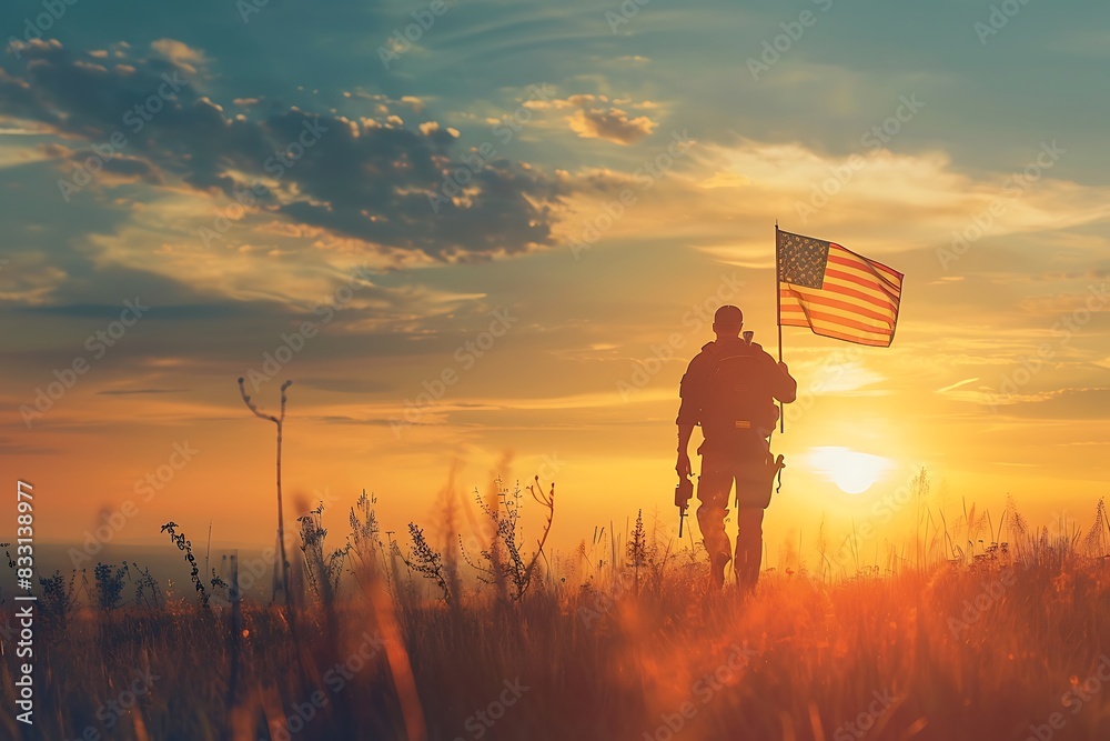 Soldier and USA flag on sunrise background .Concept National holidays ...