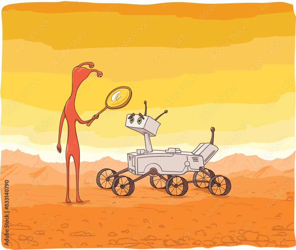 Cartoon alien inspects Mars rover with a magnifying glass. Stock Vector ...