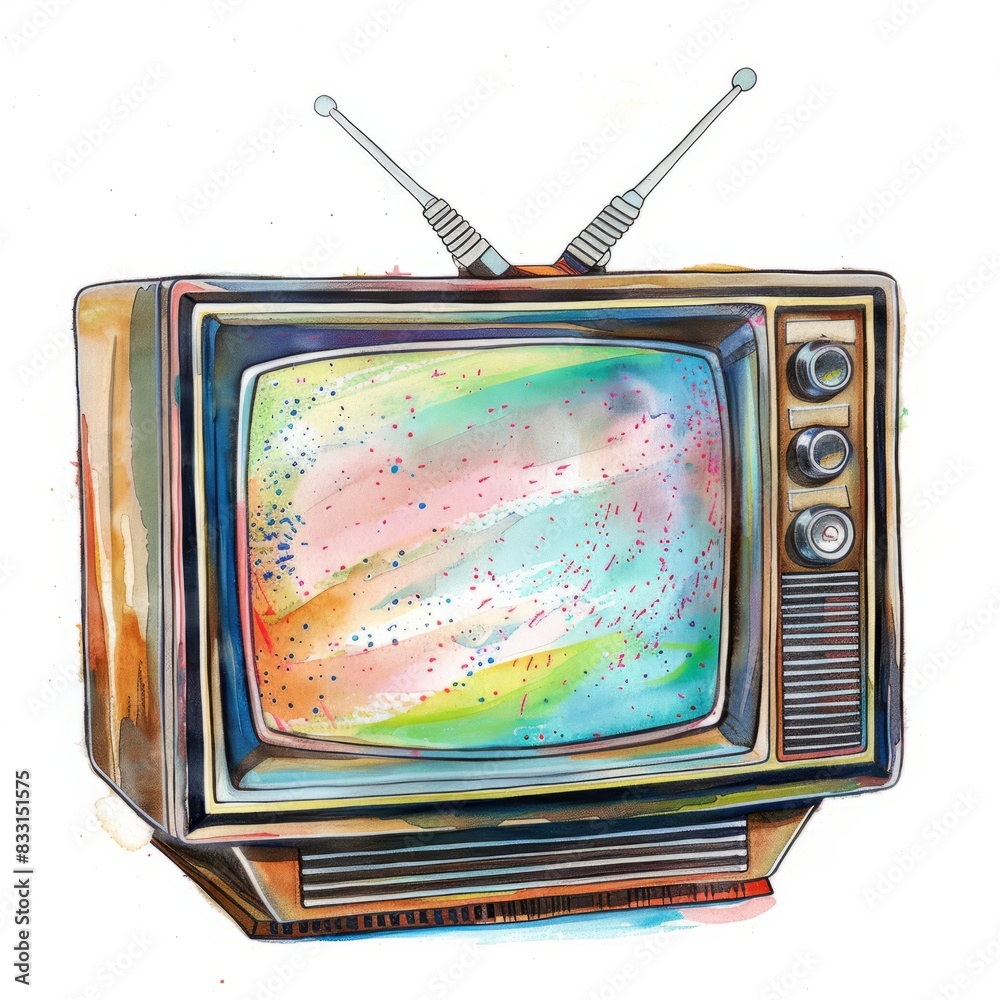 Watercolor painting of a retro television set with square screen and ...