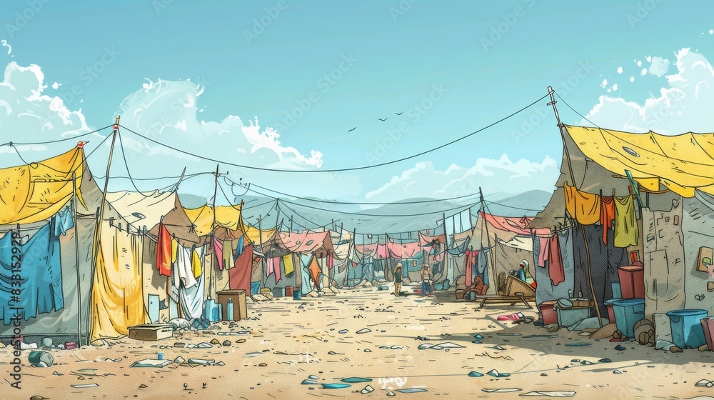 Cartoon Vector A crowded refugee camp, showing makeshift shelters ...