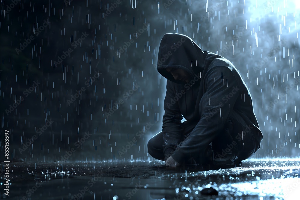 Foto de A man in a dark hoodie crouching on the ground, sad and crying ...