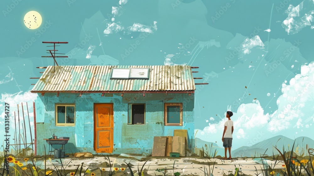 Cartoon Vector A refugee man rebuilding his home using salvaged ...