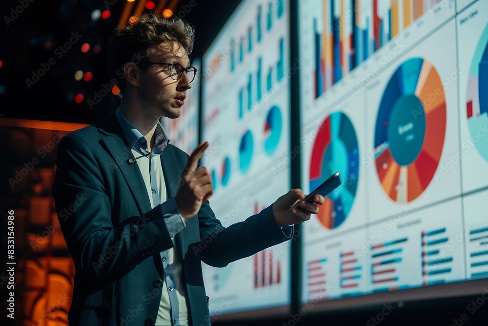 On-Stage Successful male Speaker Presents Technological Product, Uses ...